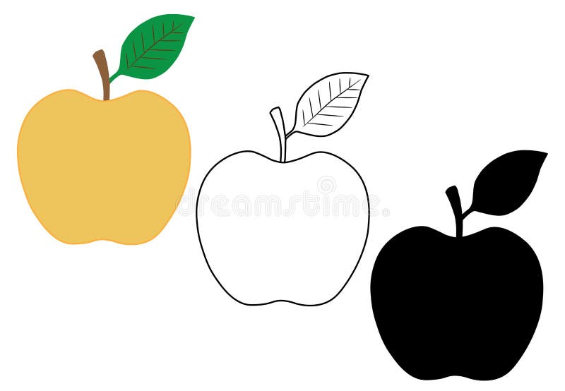 Apple in Three Versions: Color, Black and White, Silhouette. Stock ...