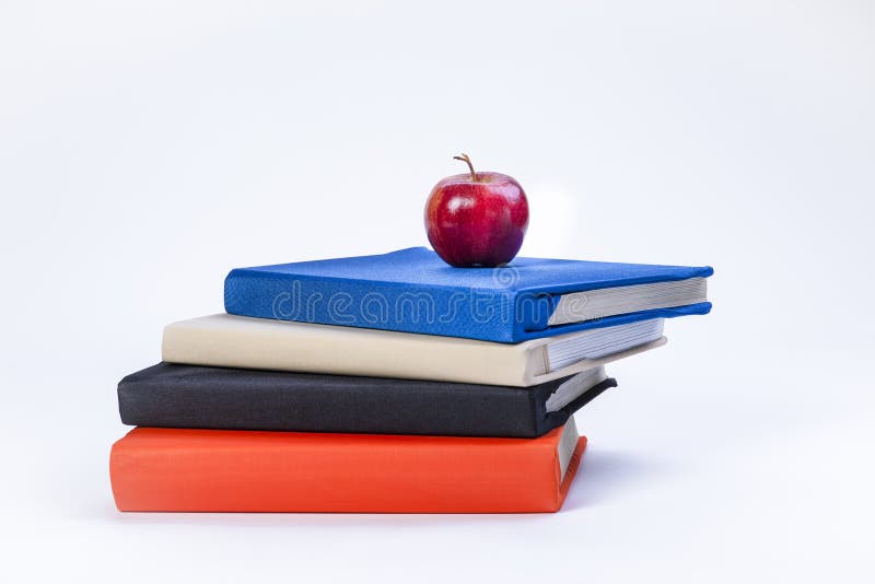 Red Apple On Top Of Pile Of Books Stock Image - Image of school, large ...