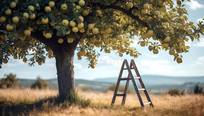An Apple Tree with Apples, There is a Ladder Under the Tree. Stock ...