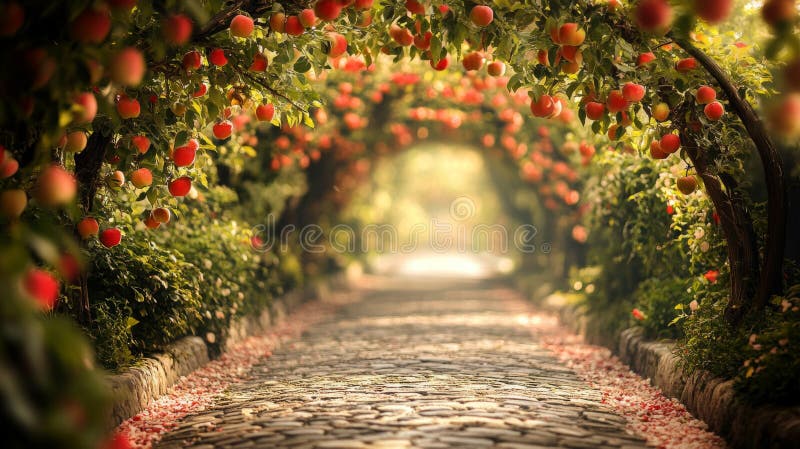 Apple Tree Archway Path Romantic Garden Scene Stock Illustration ...