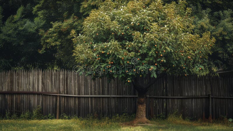 Apple Tree in Backyard with Wooden Fence Stock Photo - Image of ...