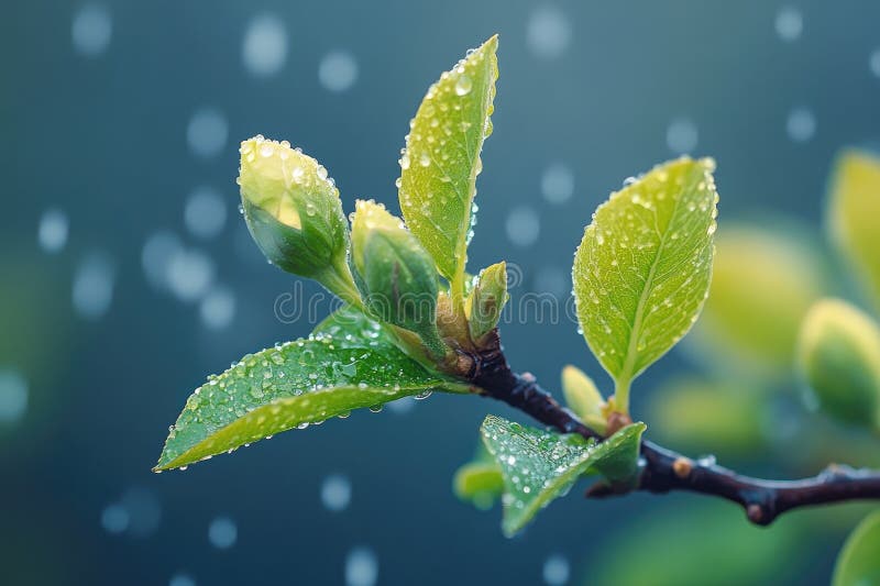 Apple Tree Branch with Flower Buds Covered in Rain Drops is Glowing in ...