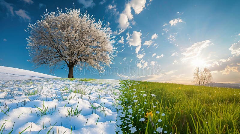 Apple Tree in Changing Seasons. Landscape of Apple Tree on Field with ...