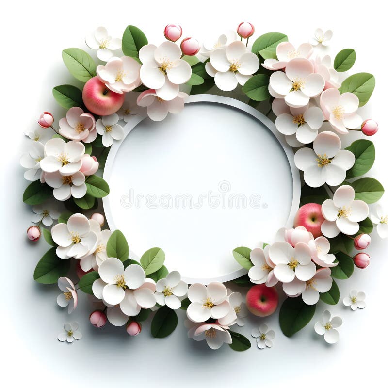Apple Tree Flowers and Small Apples Creating a Round Frame on White ...