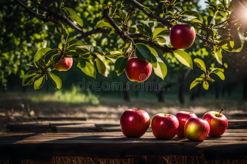Apple Tree ,Apple Hanging on Tree Fresh Apple Spilled on Rustic Wooden ...