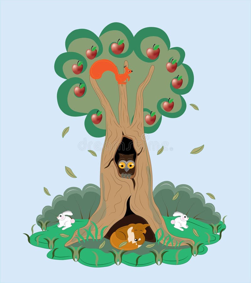 Apple-tree and Its Animals. Stock Vector - Illustration of tree, hare ...