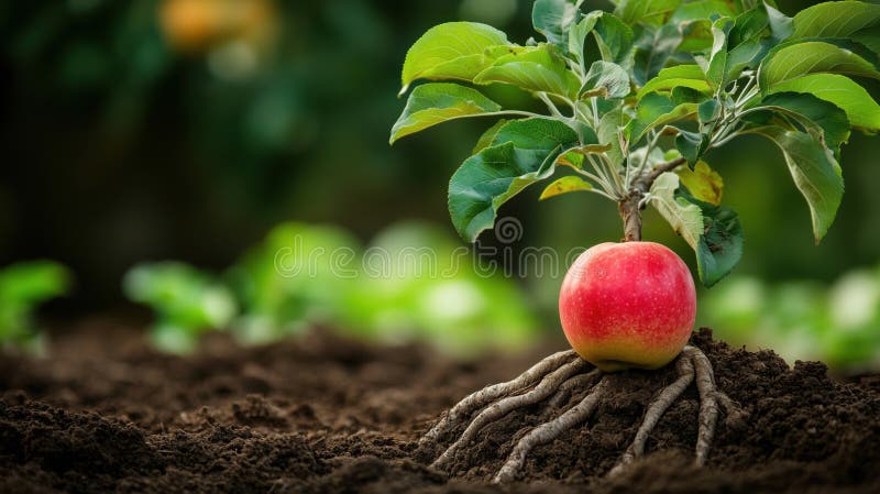 Apple Tree with Red Apple and Visible Roots in Rich Soil Environment ...