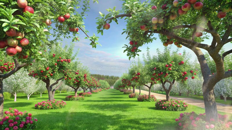 Apple Trees that are Bearing Heavy Fruit with Green Grass and Lush ...