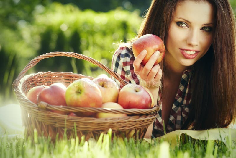 Apple Woman. Very Beautiful Model Stock Photo - Image of health, beauty ...