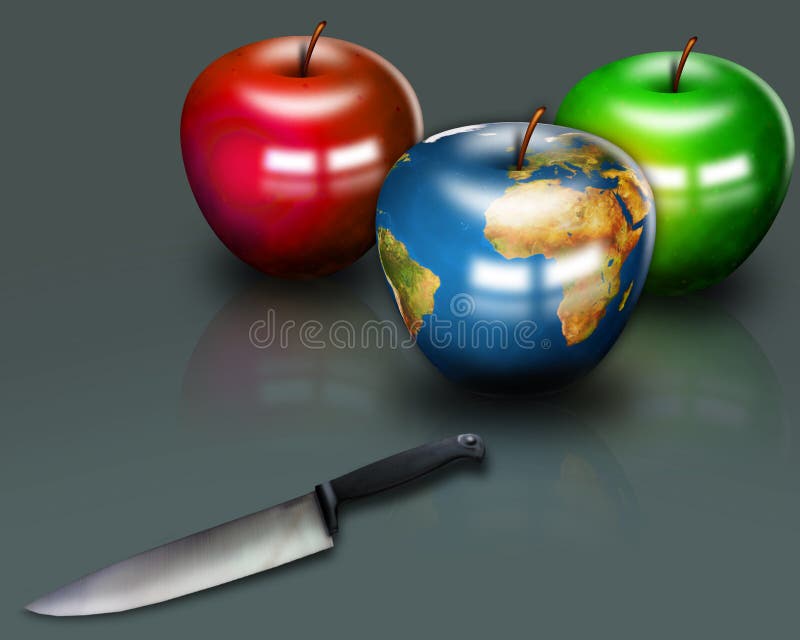 One Apple Shaped World, with Another Two Apples and a Knife Stock ...