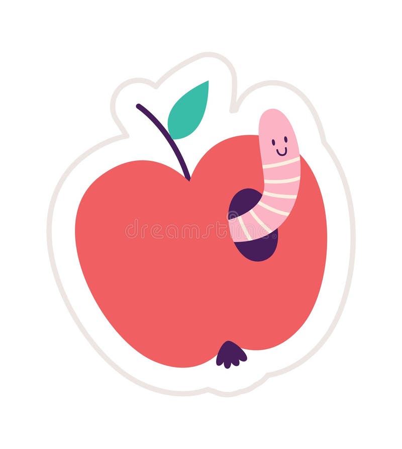 Apple with Worm Sticker stock vector. Illustration of doodle - 284232272