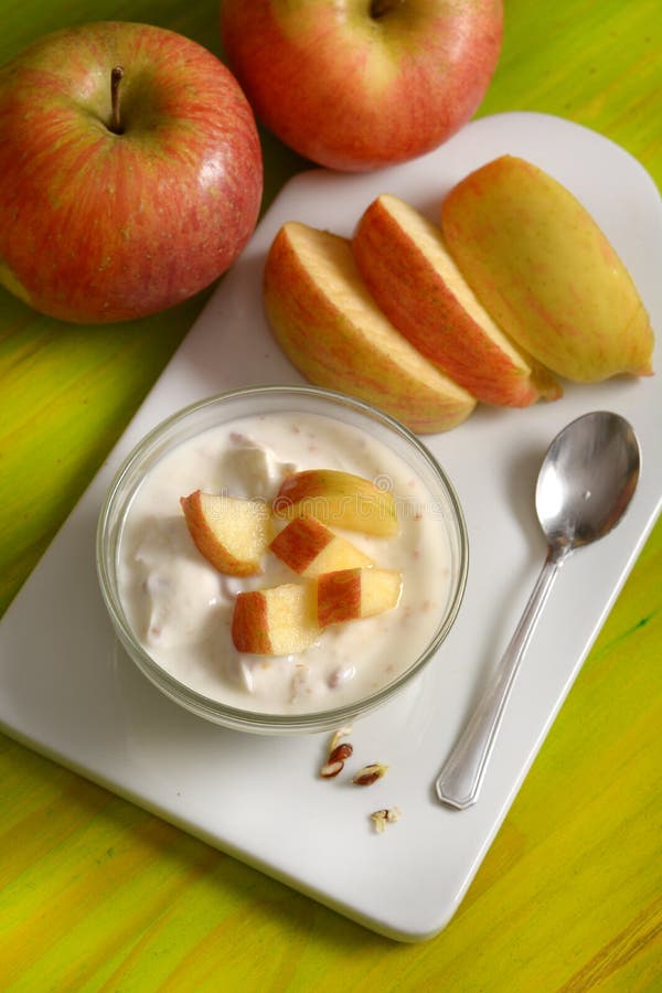Apple Yogurt in the Glass Bowl with Fruit Around Stock Photo - Image of ...