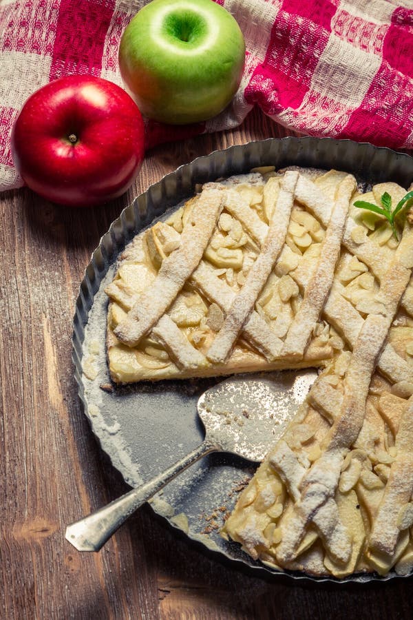 Apples and Apple Cake Decorated with Icing Sugar Stock Photo - Image of ...