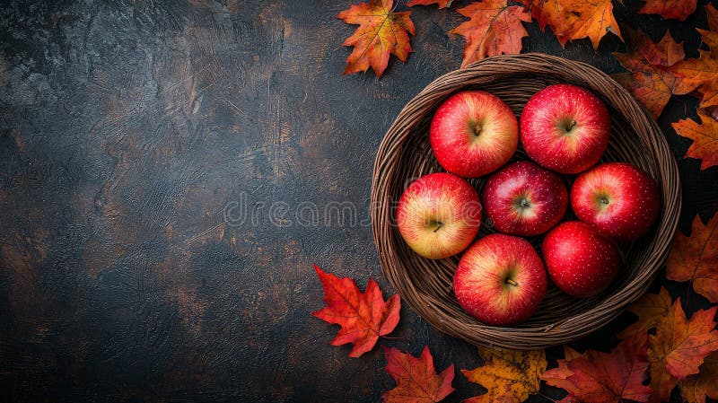 Apples in Basket, Autumn Leaves, Dark Background Stock Image - Image of leaves, still: 365232569