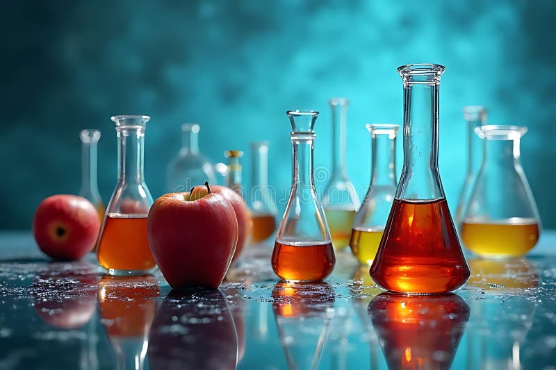 Apples and Beakers with Liquids Create a Science Lab Still Life Stock ...
