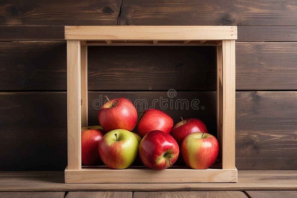 Apples in a Box on a Wooden Shelf. a Framework on a Wooden Background ...