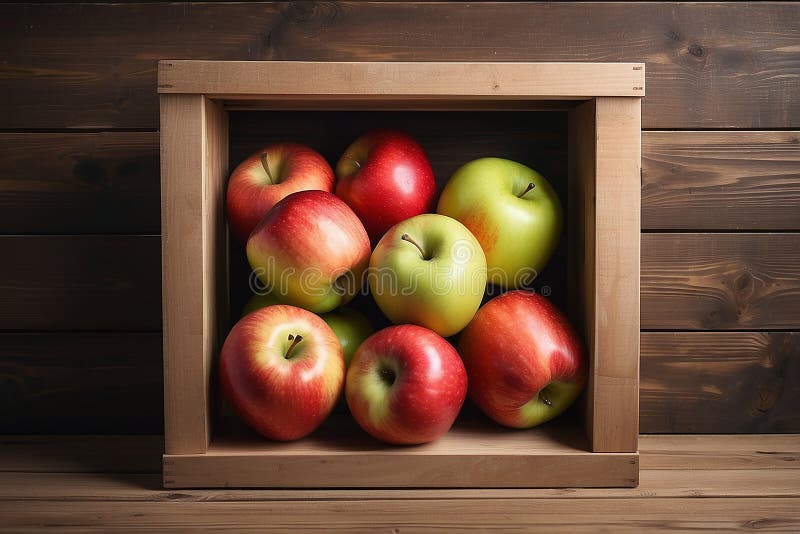 Apples in a Box on a Wooden Shelf. a Framework on a Wooden Background ...