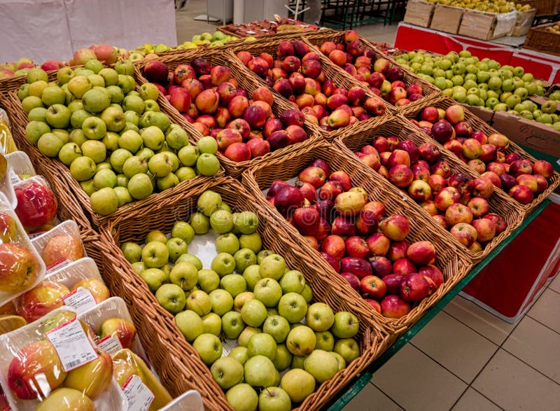 Apples Boxes. Shopping Mall Red and Green Apple on Shelves Stock Photo ...