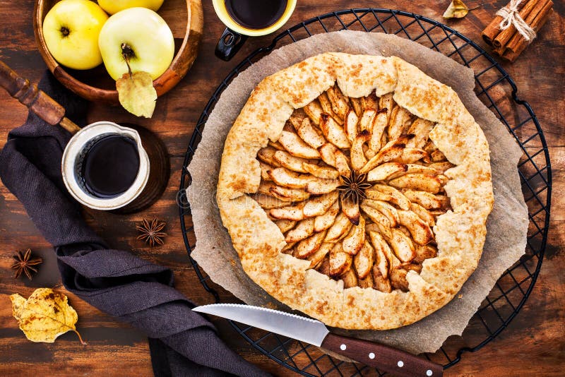 Apples and Cinnamon Rustic Open Pie Galette, Top View Stock Image ...