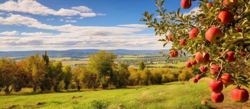 Apples Dangle from a Tree in a Grassy Field Under the Open Sky Stock ...