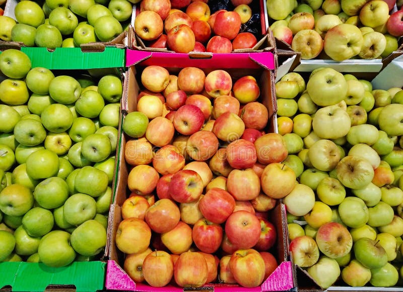 Apples of Different Varieties in a Box on Shelves in a Supermarket ...