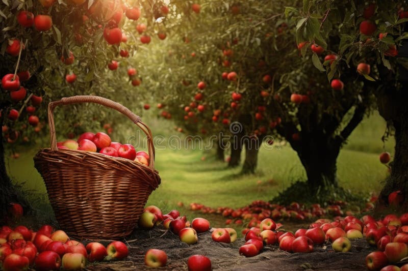 Apples Falling into a Basket in an Orchard Stock Illustration ...