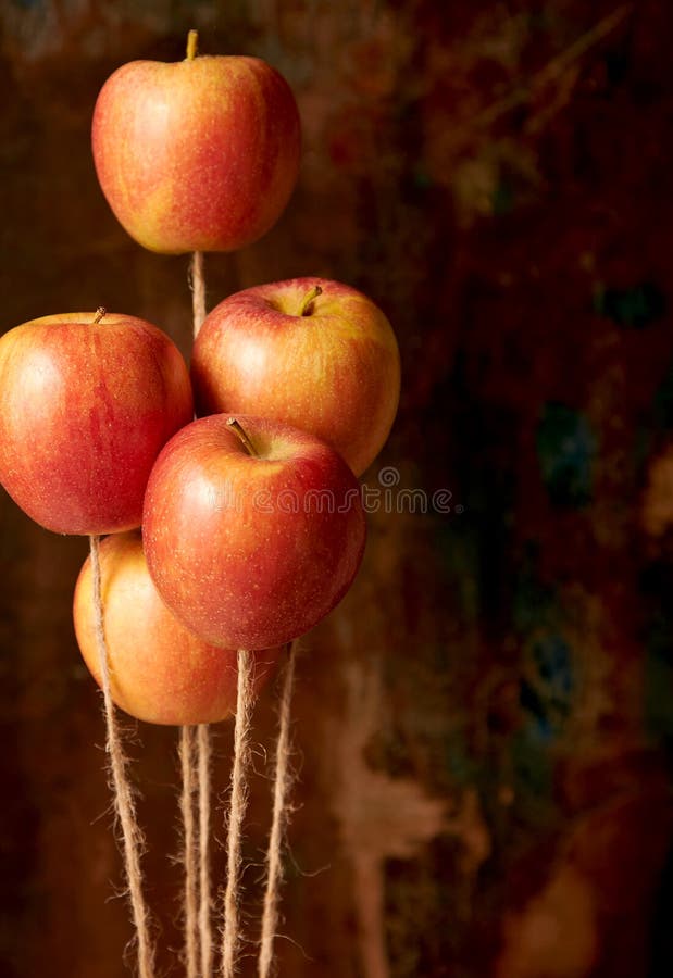 Bunch of Apples Floating on Burlap Strings Stock Image - Image of ...