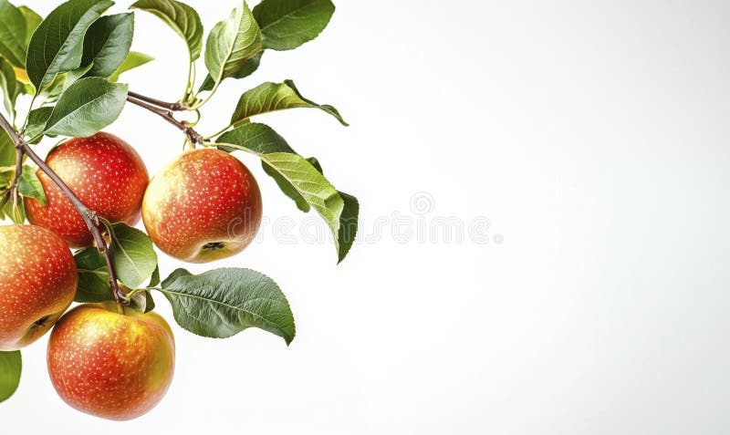 Apples Hanging on Tree Branch with Green Leaves Isolated on White ...