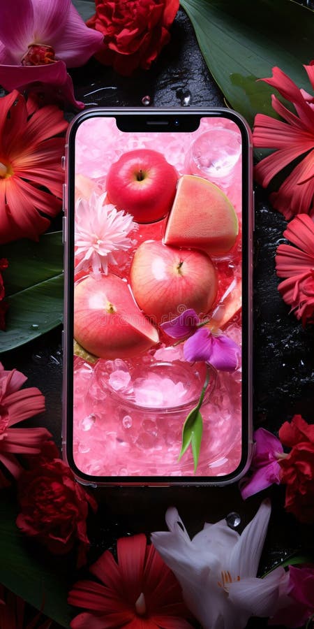 Apples and Ice Cubes on a Black Background with Flowers, Top View Stock ...