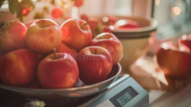 Apples on a Kitchen Scale, Symbolizing Portion Control and Healthy ...