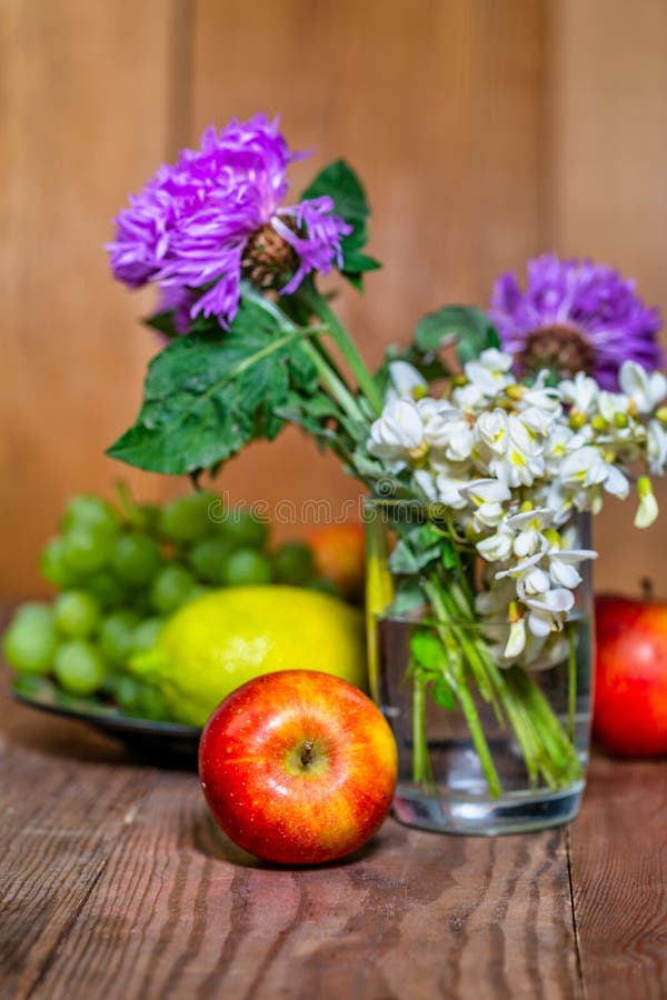 Apples Lemon Grapes Flowers Wooden Background Stock Photos - Free ...