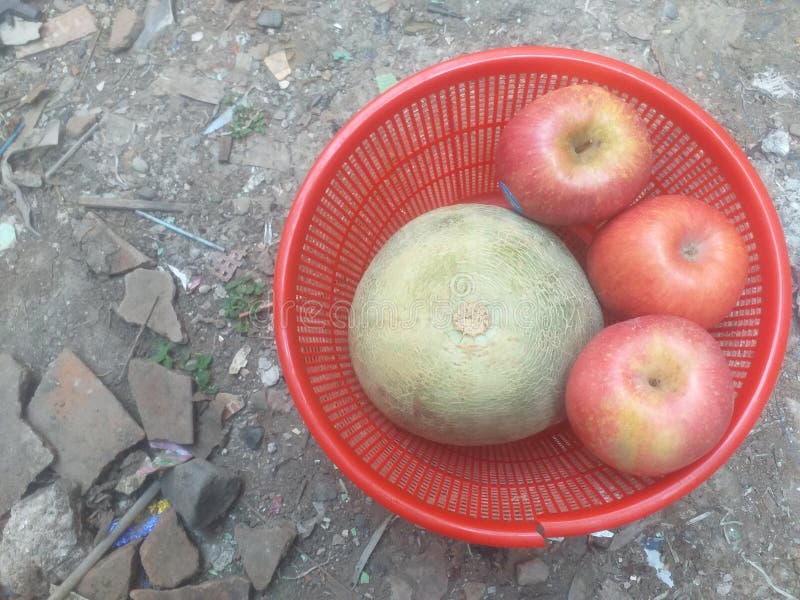 3 Apples and 1 Melon on a Platter Ready To Serve Stock Photo - Image of ...