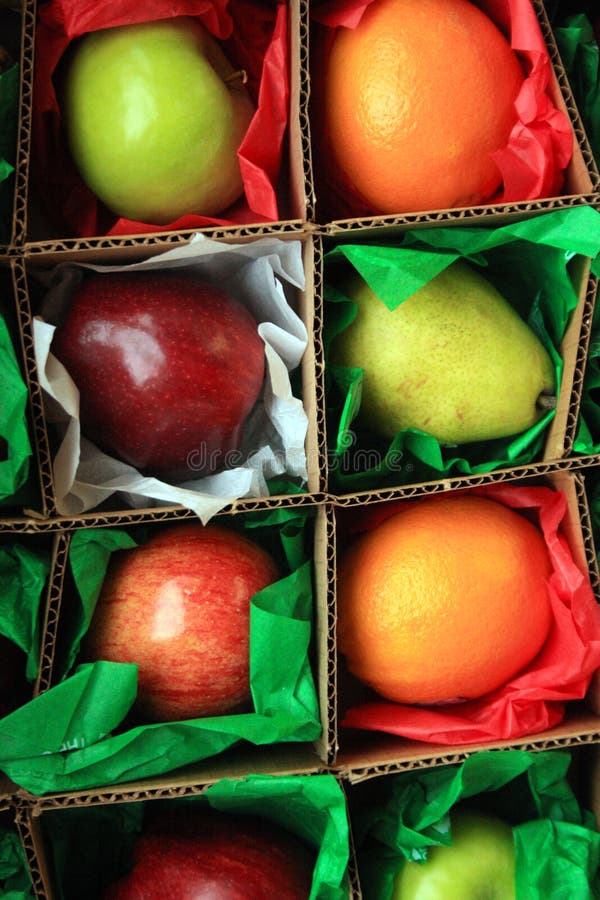 Fruit Inside Square Boxes in Tissue Paper Stock Photo - Image of apples ...
