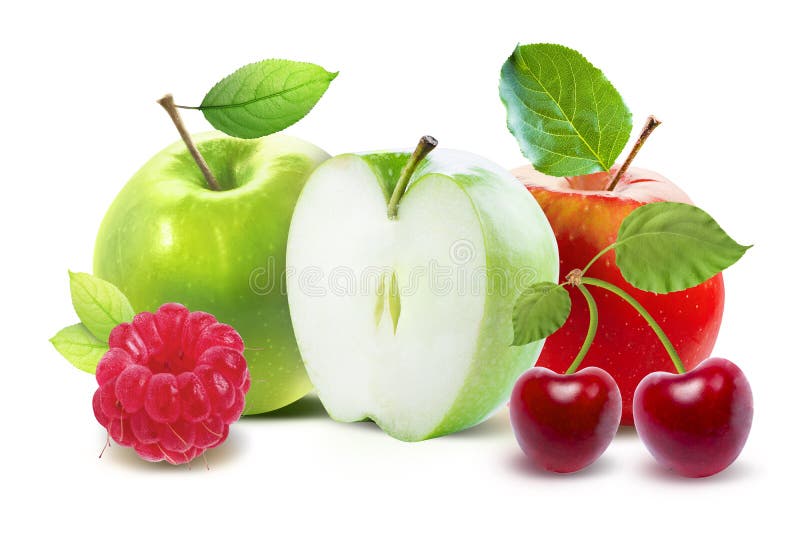 Apples, Raspberry and Cherry Isolated with Clipping Path Stock Photo ...