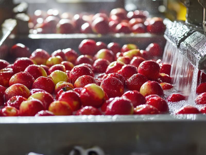 Apples in a rinse system stock photo. Image of machine - 364119766