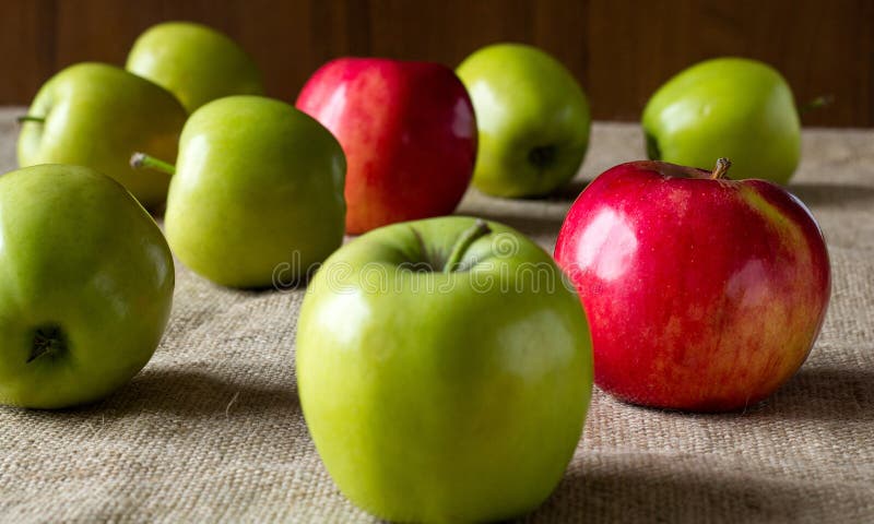 Apples Scattered on the Table, Covered Sackcloth Stock Image - Image of ...