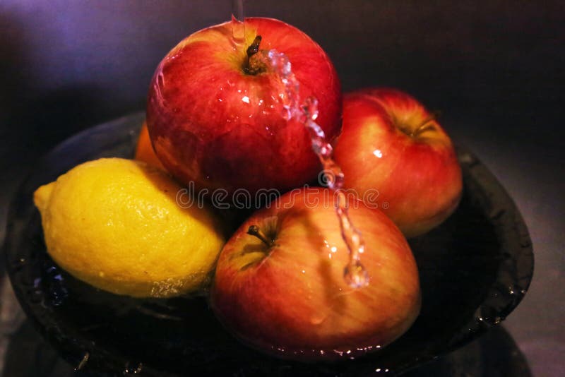 Apples and Water Pouring on Them Stock Photo - Image of vegetable ...