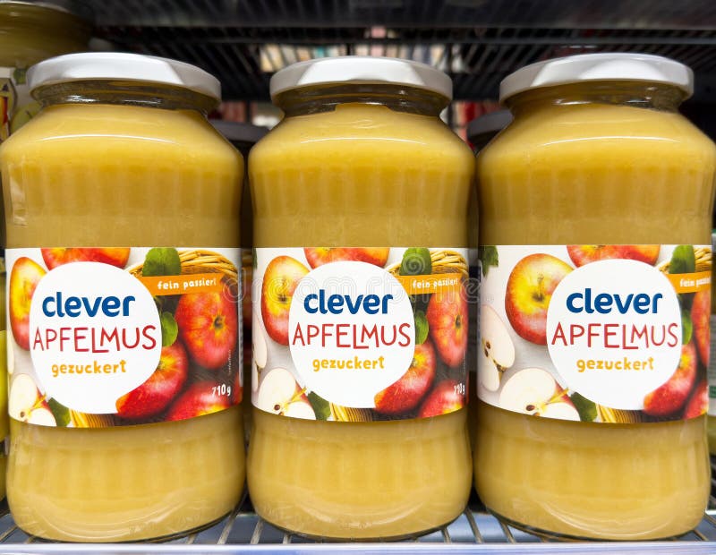 Applesauce Jars with Clever Label on Supermarket Shelf Editorial Stock ...