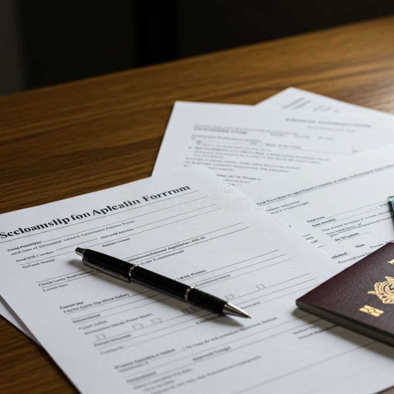 Application Forms and a Pen are Placed on a Wooden Table. the Text on ...