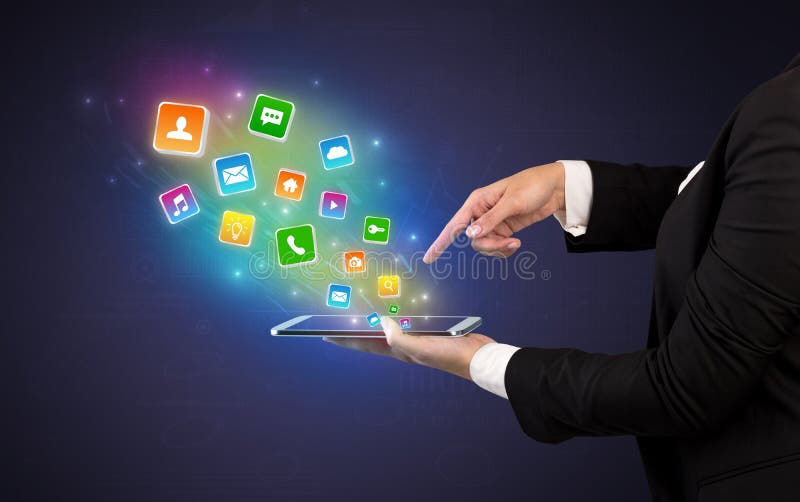 Application Icons Going in Tablet Stock Image - Image of digital ...