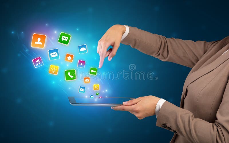 Application Icons Going in Tablet Stock Photo - Image of contact ...