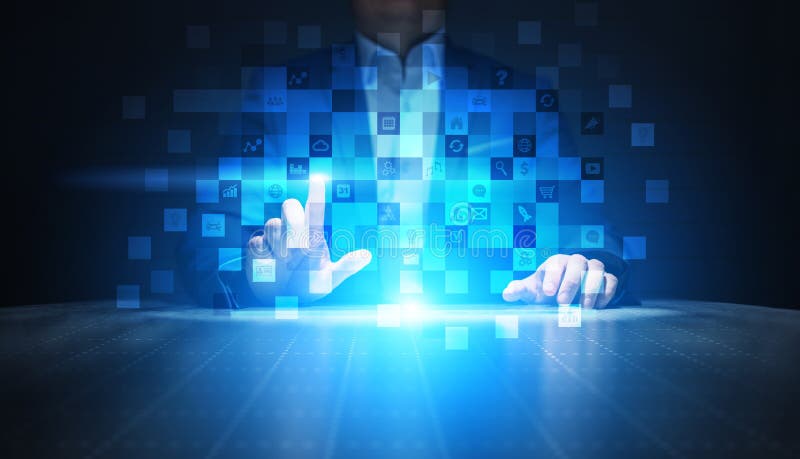 Application Icons on Virtual Screen. Technology and Business Concept ...