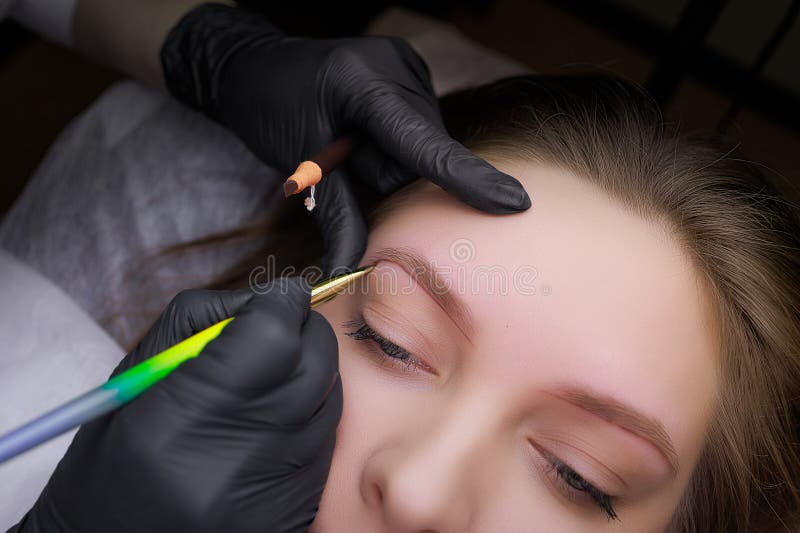 PMU Procedure, Permanent Eyebrow Makeup. Stock Image - Image of closeup ...