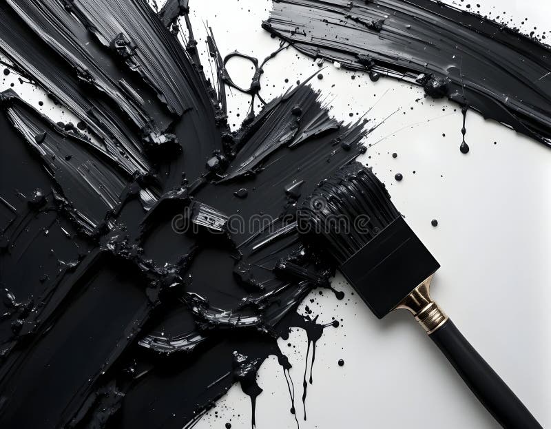 Applying Black Paint with Brush Strokes on White Background Surface ...