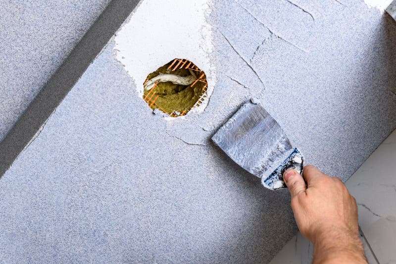 Applying Decorative Mosaic Stone Plaster on Ceiling. Stock Image ...