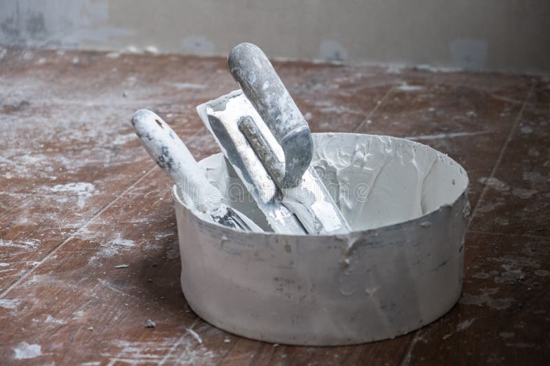 Applying Decorative Putty. White Abstract Texture of Surface Covered ...