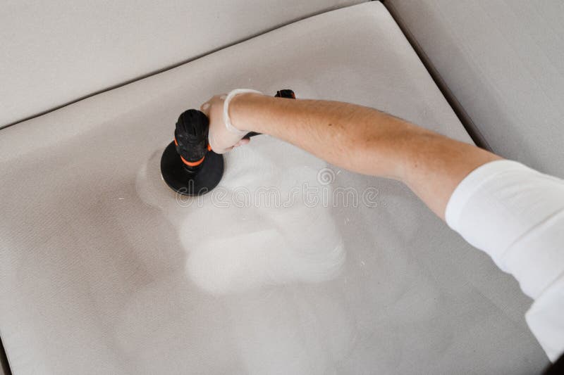 Applying Detergent on Sofa in Home Interior for Dry Cleaning Top View ...