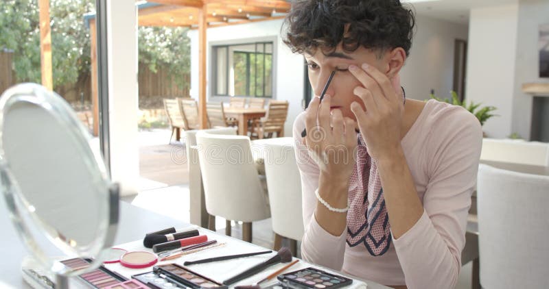Applying Eyeshadow, Non Binary Person Using Makeup at Home with Various ...