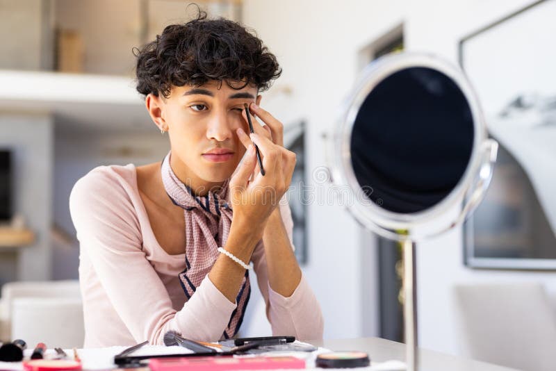 Applying Makeup, Transgender Transgender Woman Using Mirror and ...