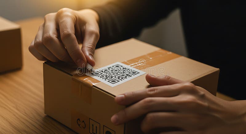 Applying Qr Code Label To Cardboard Box for Shipping Stock Illustration ...